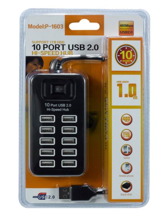 10 Port USB Hub 2.0 Hi-Speed Hard Disk with Switch 1 Meter Metre Compu ...